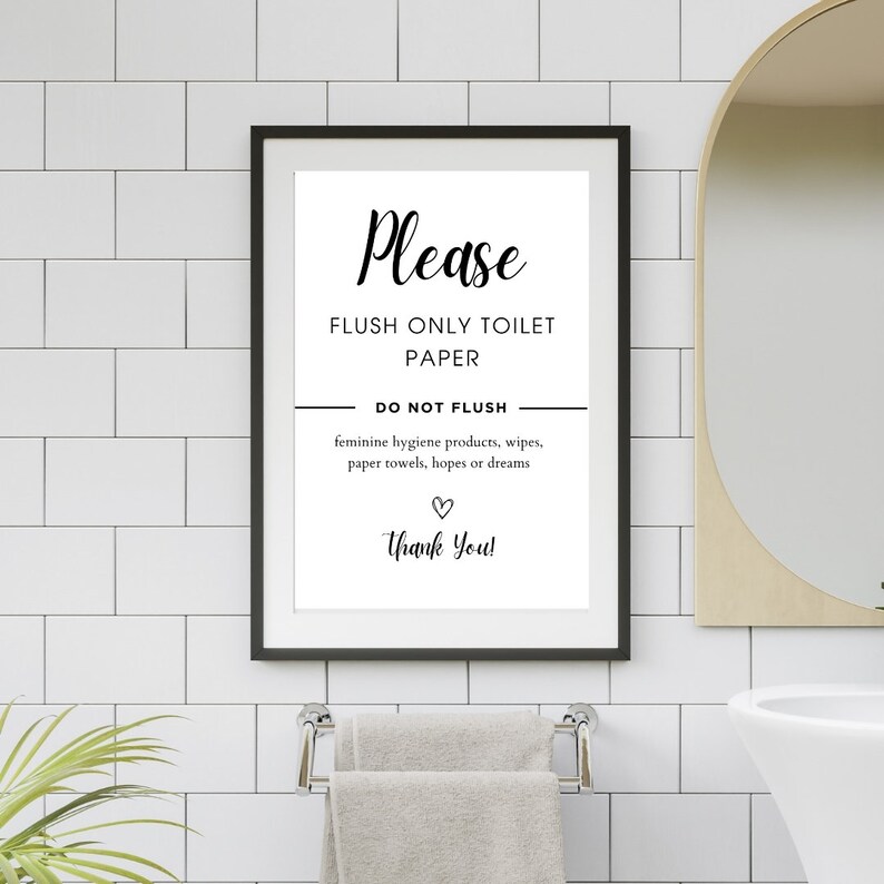 Flush Only Toilet Paper Sign, Elegant Design, Airbnb Host Printable ...