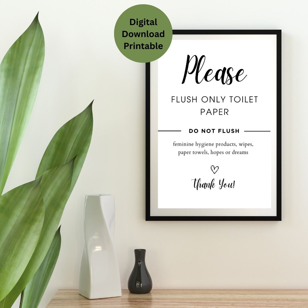 Flush Only Toilet Paper Sign, Elegant Design, Airbnb Host Printable ...