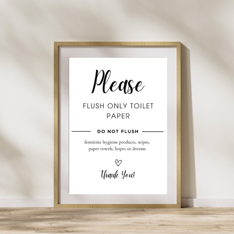 Flush Only Toilet Paper Sign, Elegant Design, Airbnb Host Printable ...