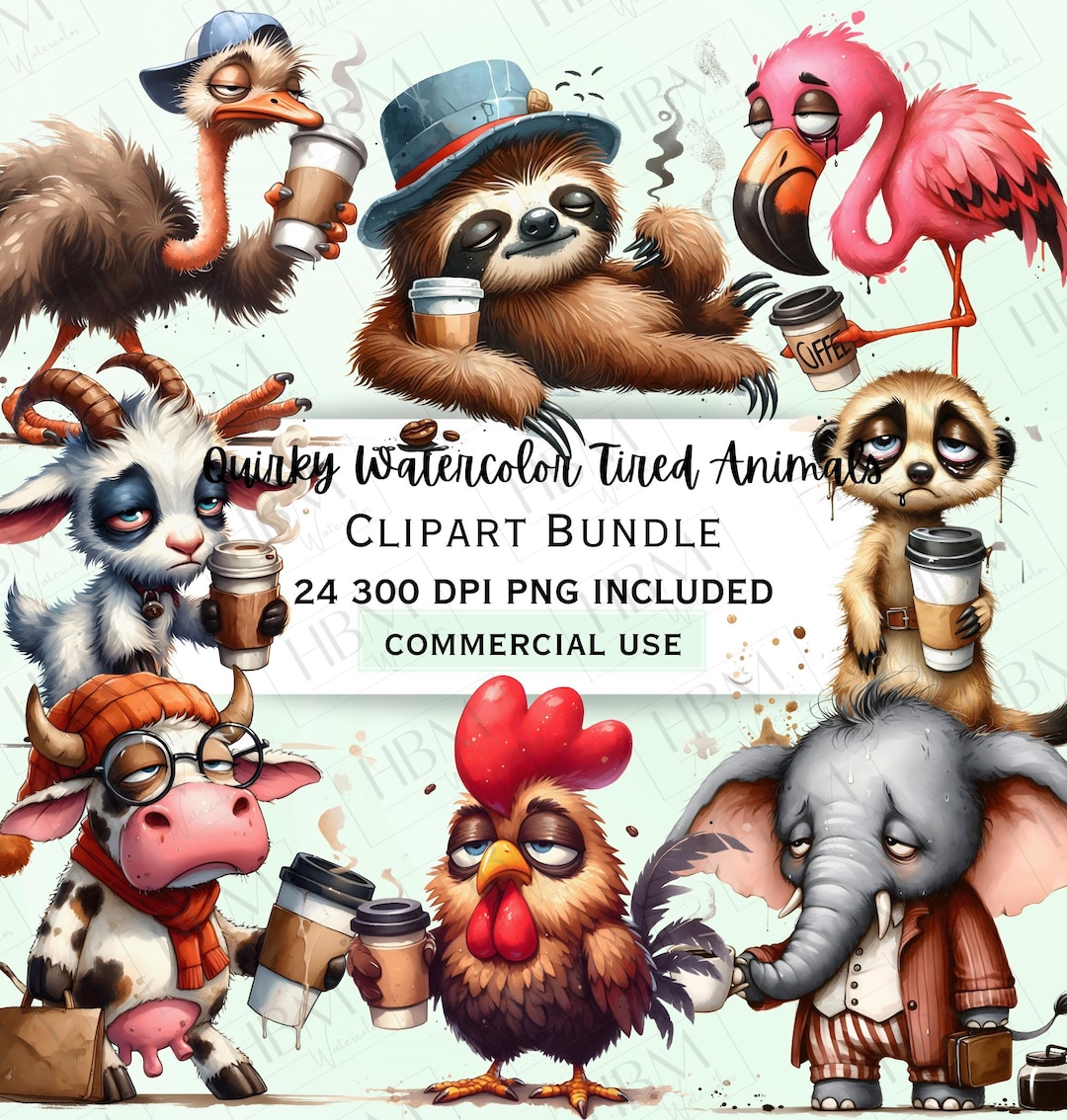 Funny Watercolor Sleepy Quirky Animals Clipart Bundle, Tired Coffee ...