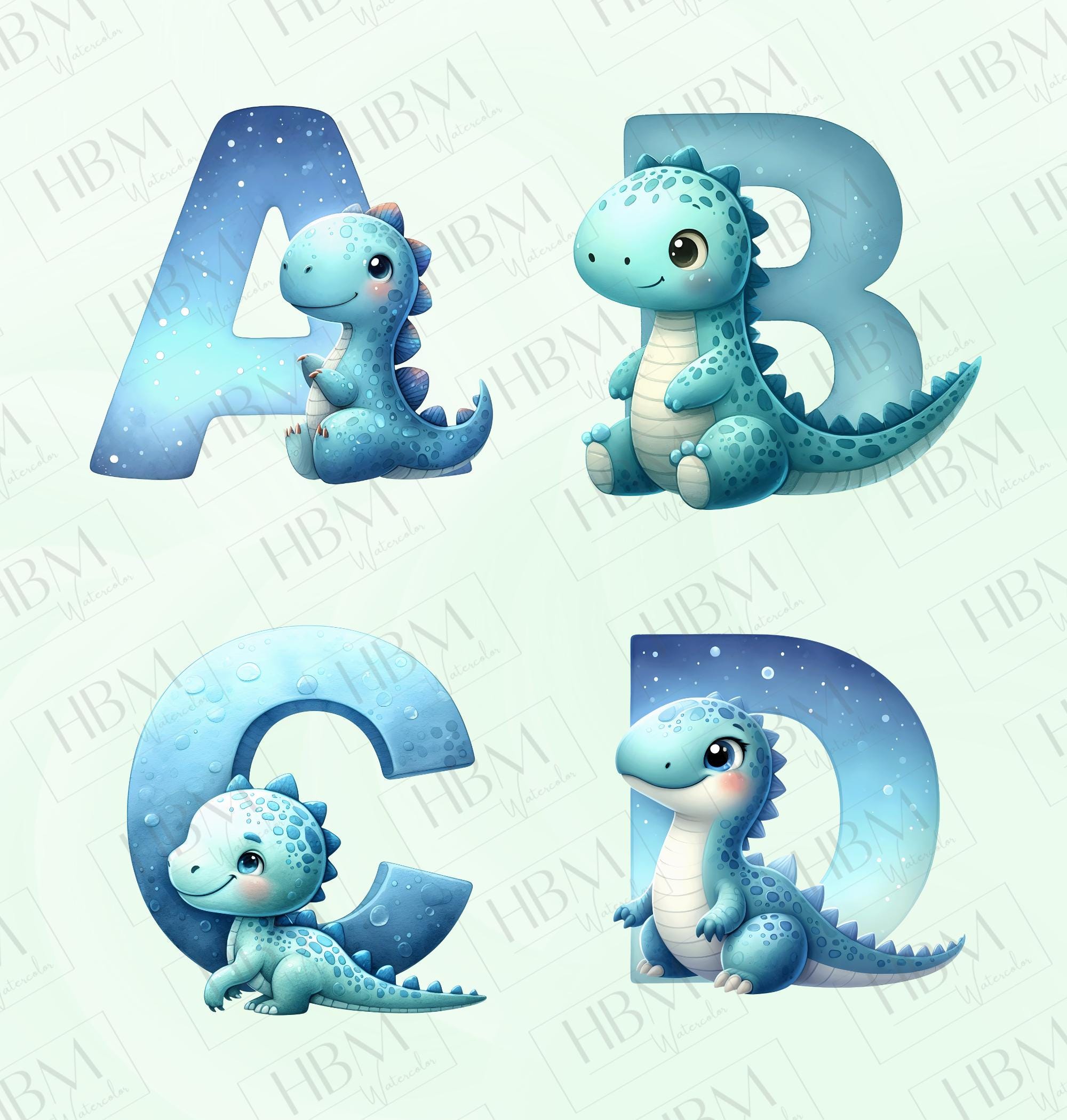 Watercolor Dinosaur Letters Clipart Bundle, Whimsical Blue Graphics ...