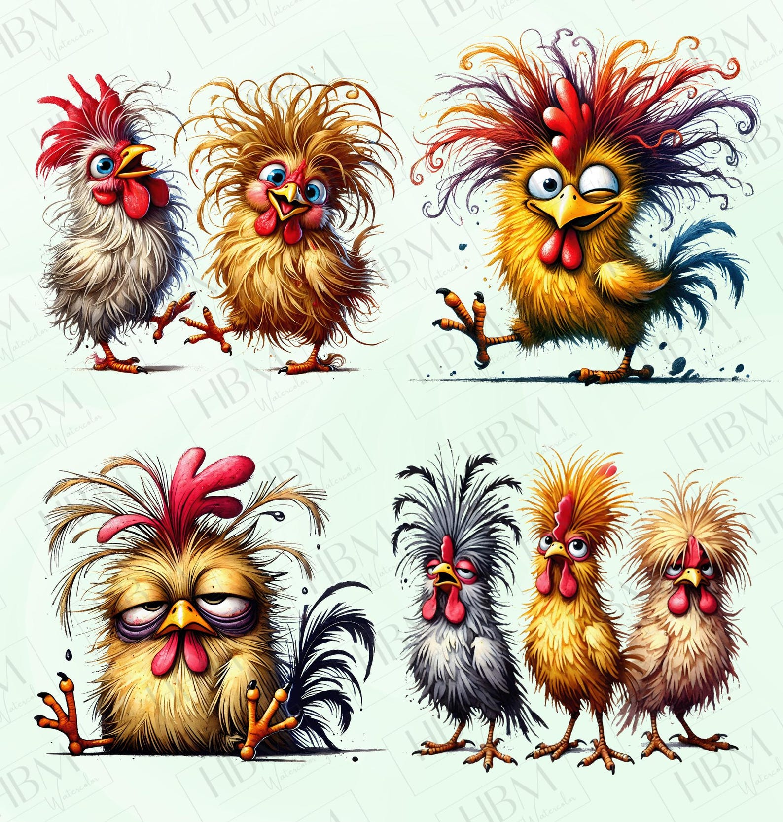 Funny Quirky Chicken Clipart Bundle, Humorous Whimsical Rooster Sticker ...