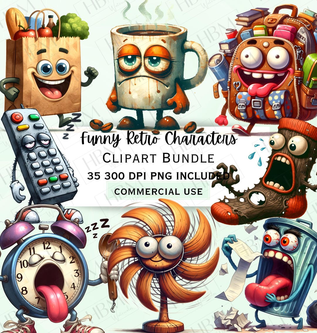 Funny Retro Cartoon Characters Clipart Bundle, Watercolor Vintage ...