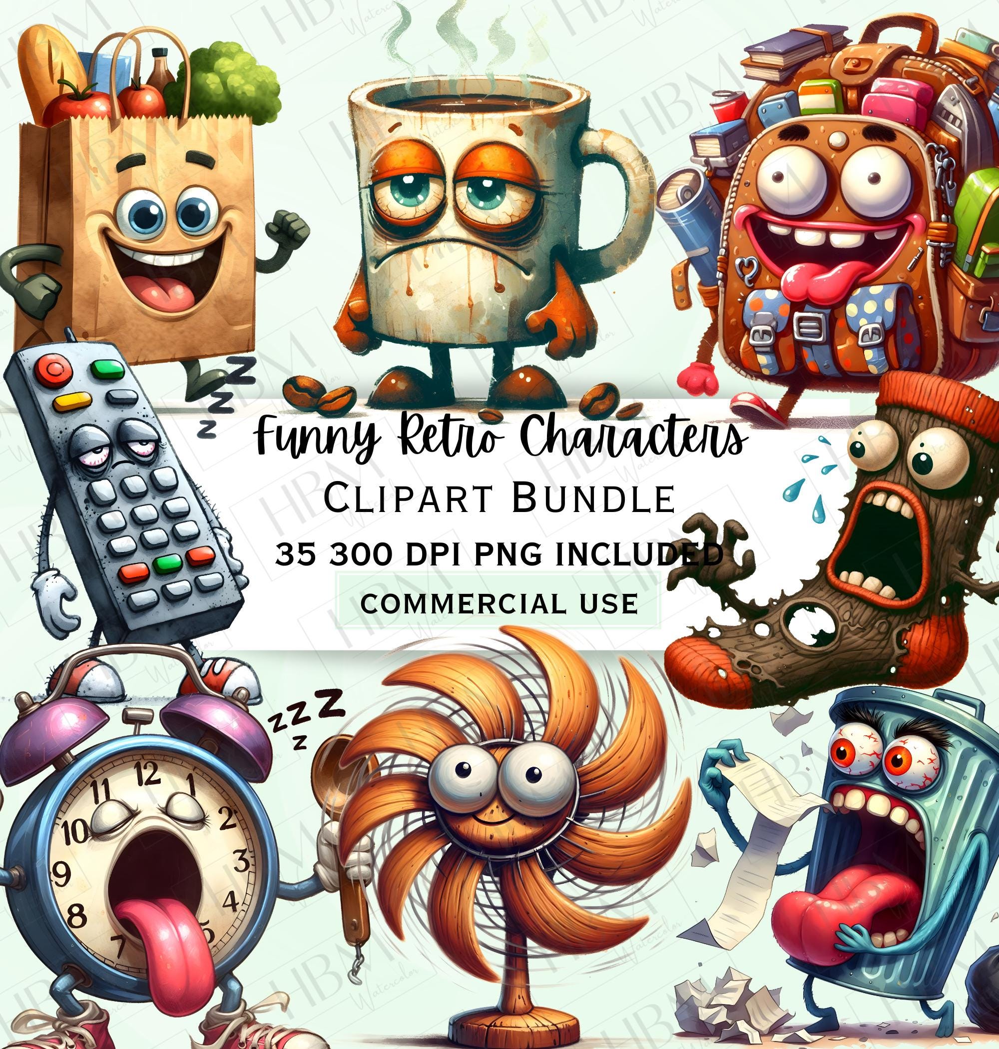 Funny Retro Cartoon Characters Clipart Bundle, Watercolor Vintage ...