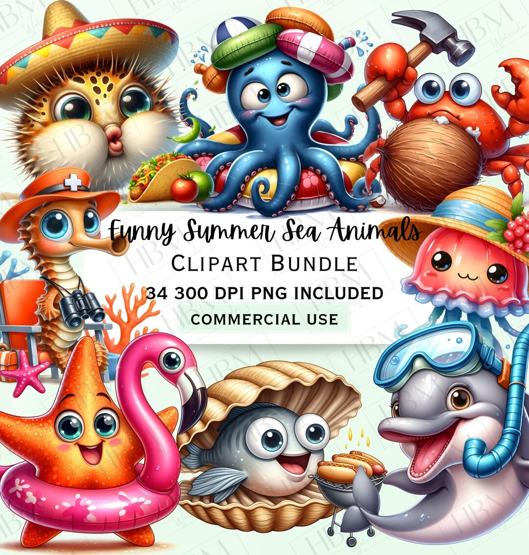 Funny Summer Sea Animals Clipart Bundle, Cute Beach Ocean PNG, Tropical ...