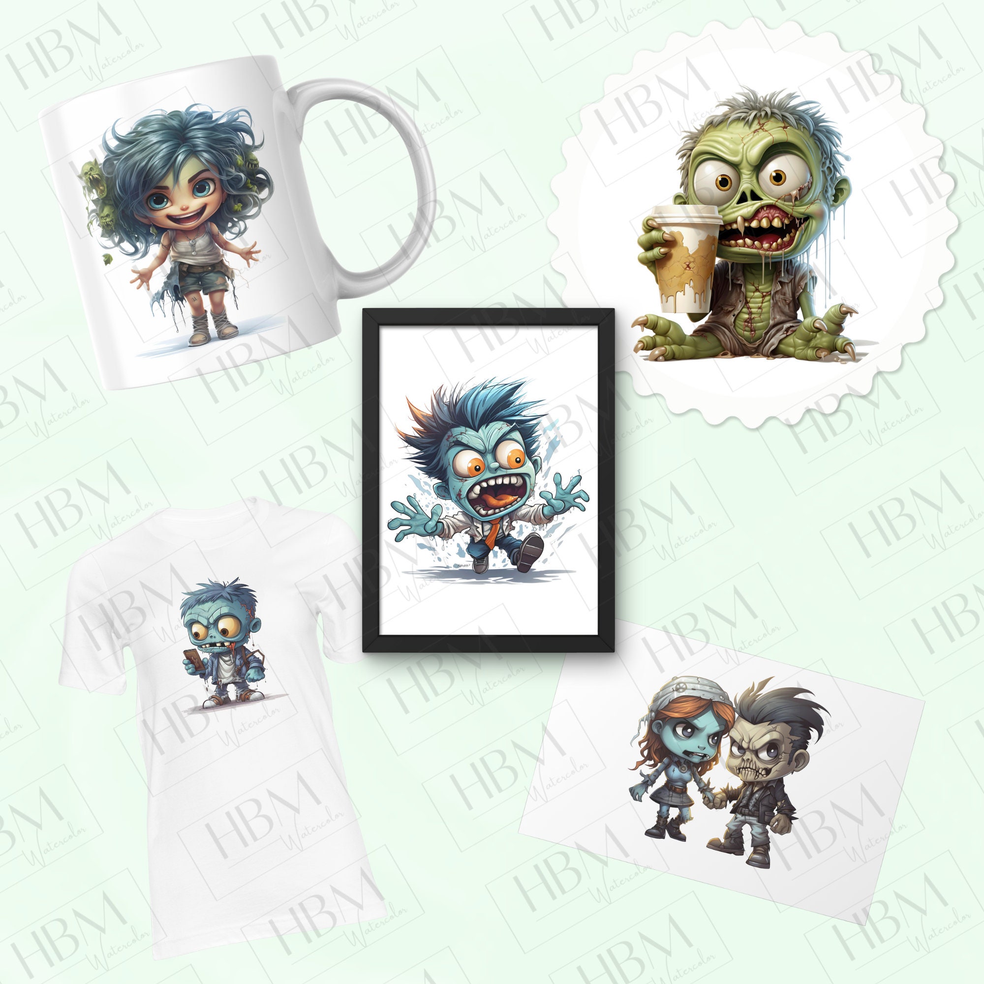 Scary Watercolor Halloween Zombies Clipart Bundle, Whimsical Haunted ...