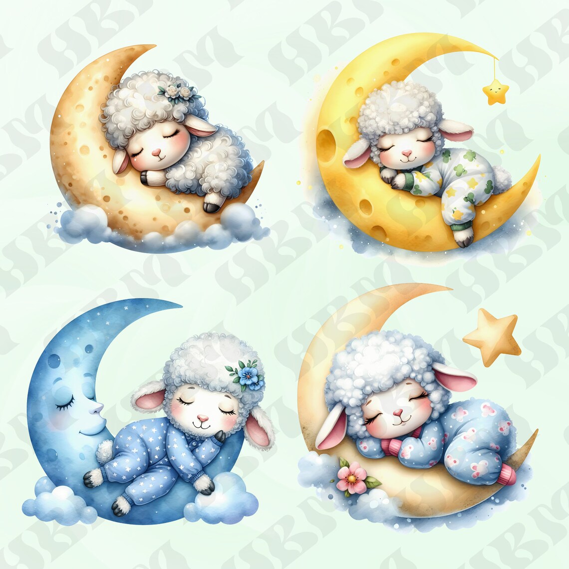 Watercolor Sheep on Moon Clipart Bundle, Cute Lamb Nursery Decor ...