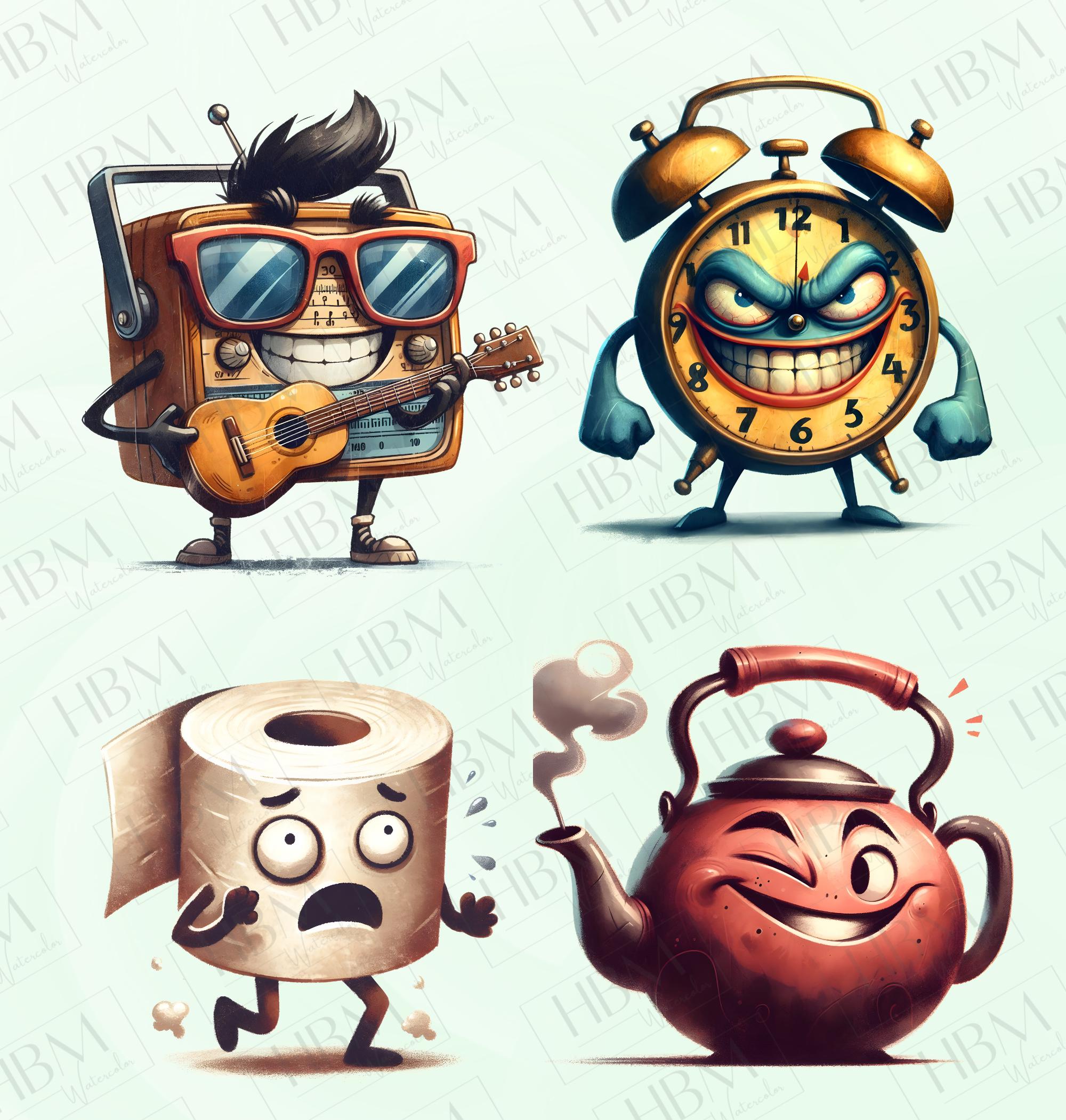 Funny Retro Cartoon Characters Clipart Bundle, Watercolor Vintage ...