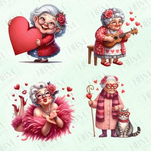 Funny Watercolor Valentine Old Lady Clipart Bundle, Whimsical Grandma ...