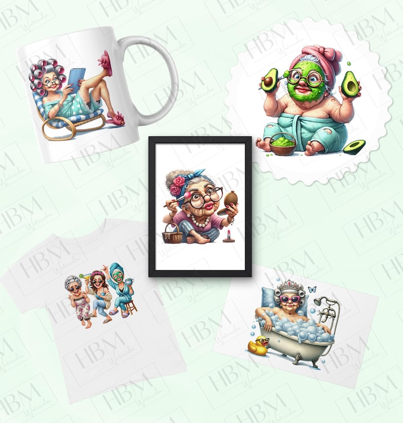 Funny Watercolor Grandma Spa Day Clipart Bundle, Comical Old Lady ...