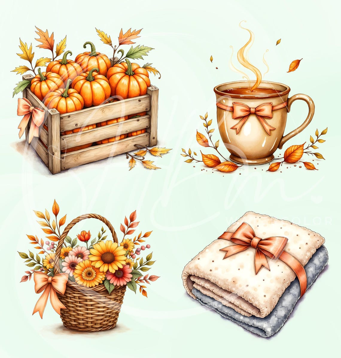 Watercolor Coquette Fall Clipart Bundle PNG, Cozy Autumn Aesthetic ...