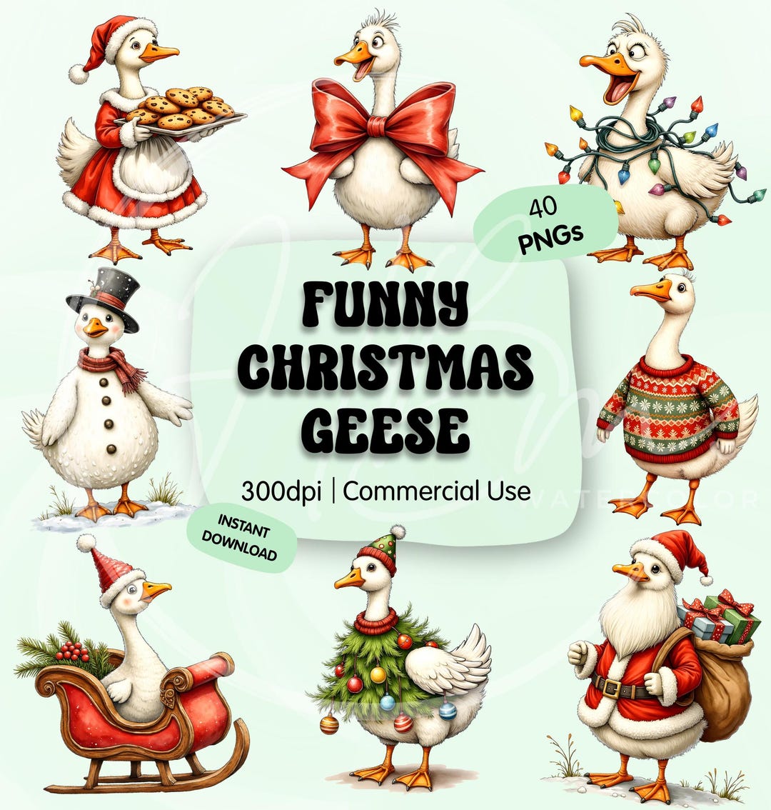 Funny Christmas Goose Clipart Bundle, Cute Watercolor Geese ...