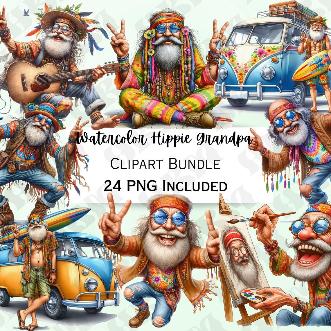 Funny Watercolor Hippie Old Men Clipart Bundle, Comical Grandpa Sticker ...
