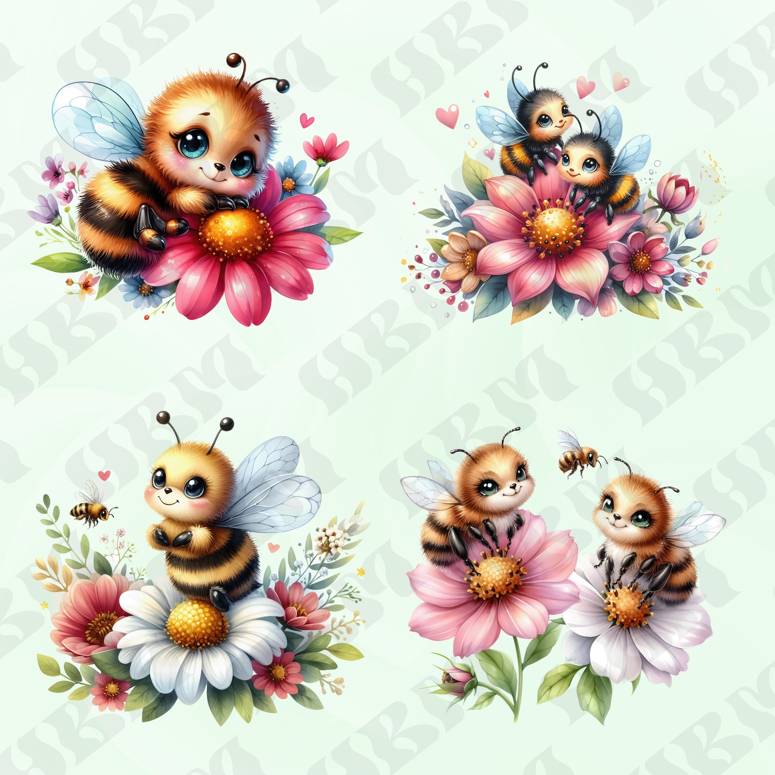 Cute Watercolor Bees on Flowers Clipart Bundle, Daisies Nursery Decor ...