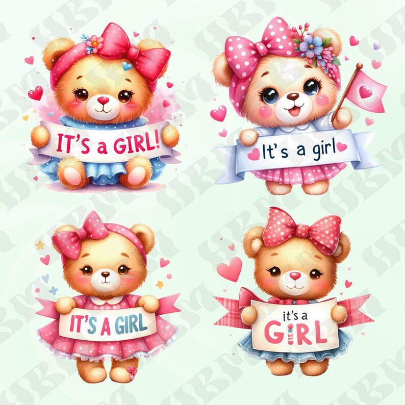 Watercolor Girl Bear Clipart Bundle, Cute Teddy Nursery Decor, Pink ...