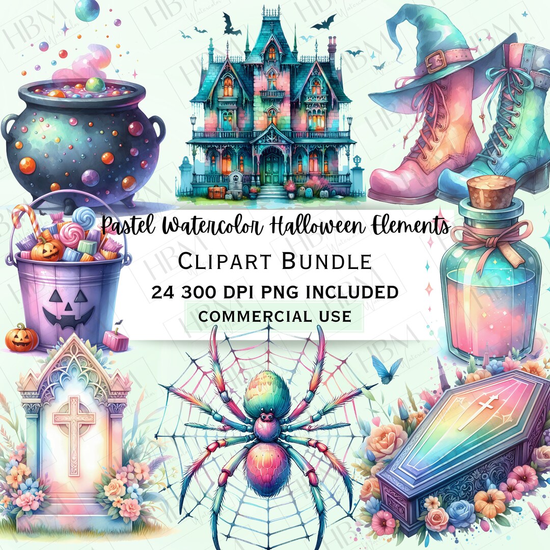 Watercolor Pastel Halloween Elements Clipart Bundle, Whimsical Witchy ...