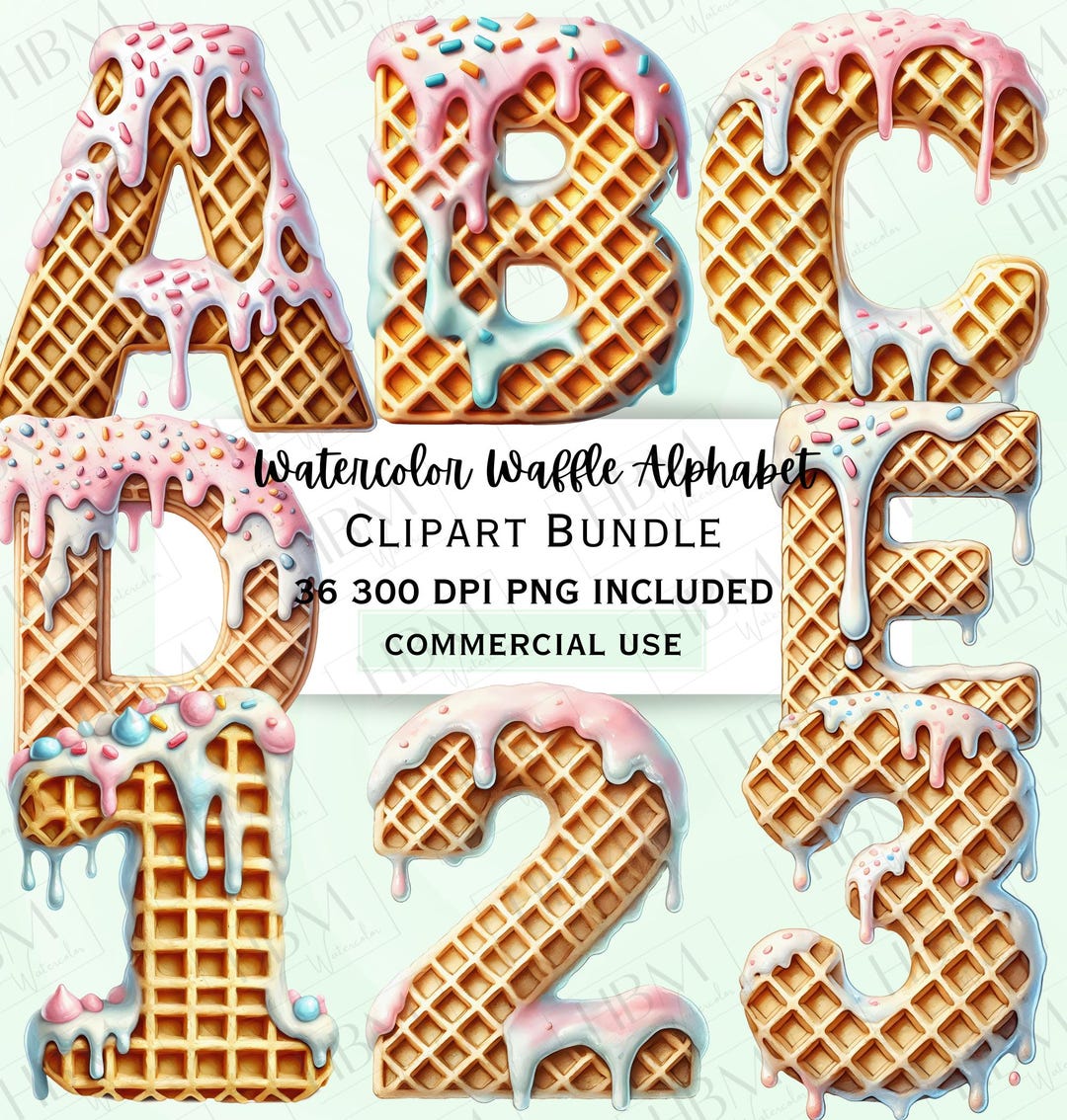 Watercolor Waffle Letters Alphabet Clipart Bundle, Whimsical Sweets ...