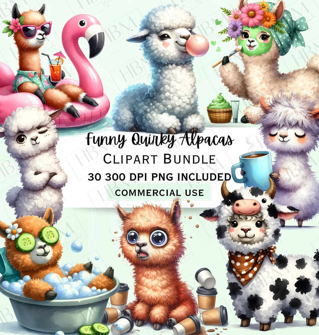 Funny Alpaca Clipart Bundle PNG, Quirky Cute Animal Graphics, Whimsical ...