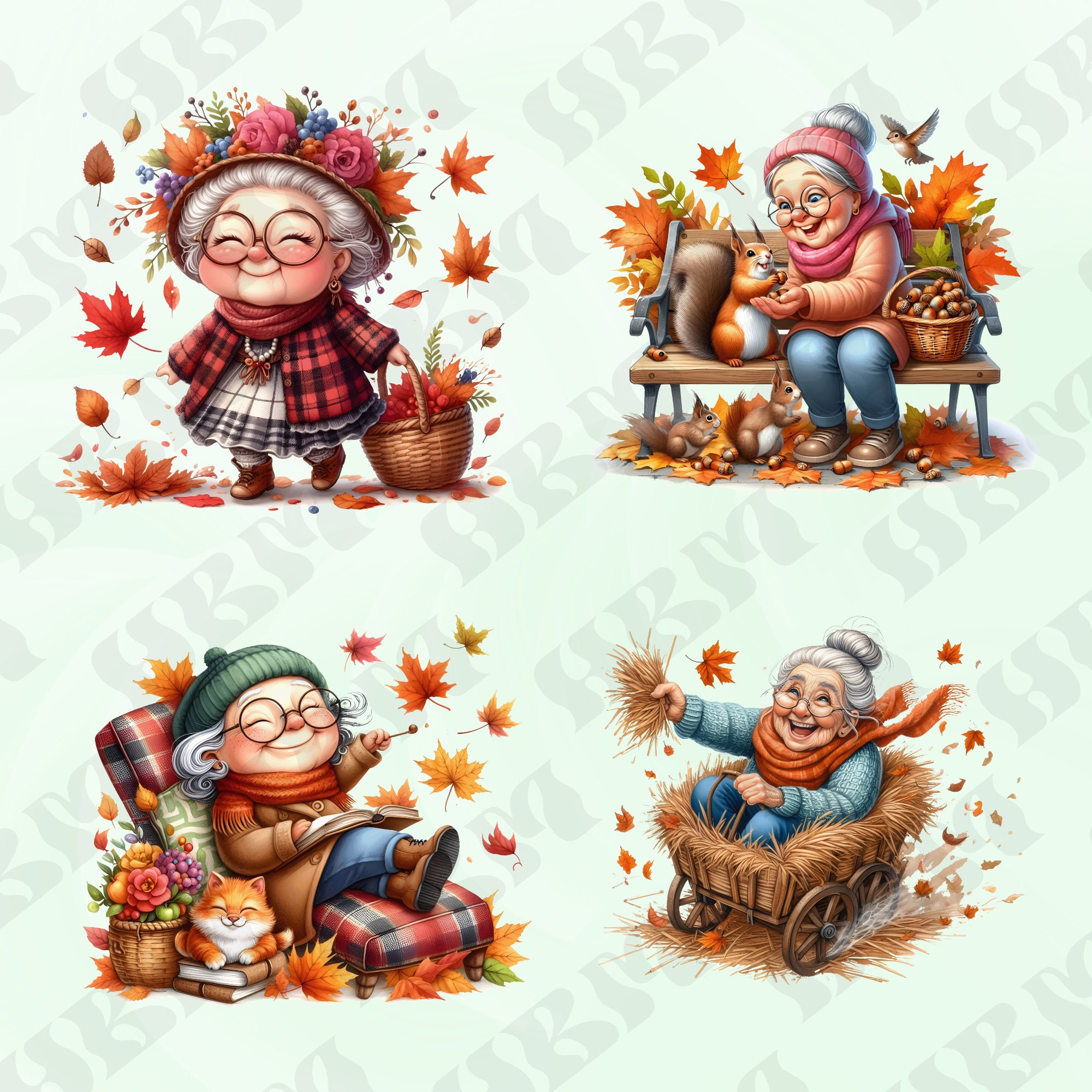 Funny Watercolor Autumn Grandma Clipart Bundle, Comical Old Lady ...