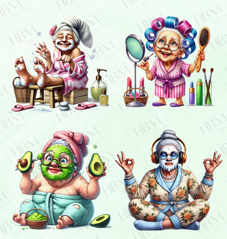 Funny Watercolor Grandma Spa Day Clipart Bundle, Comical Old Lady ...
