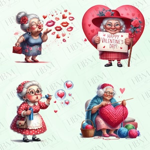 Funny Watercolor Valentine Old Lady Clipart Bundle, Whimsical Grandma ...