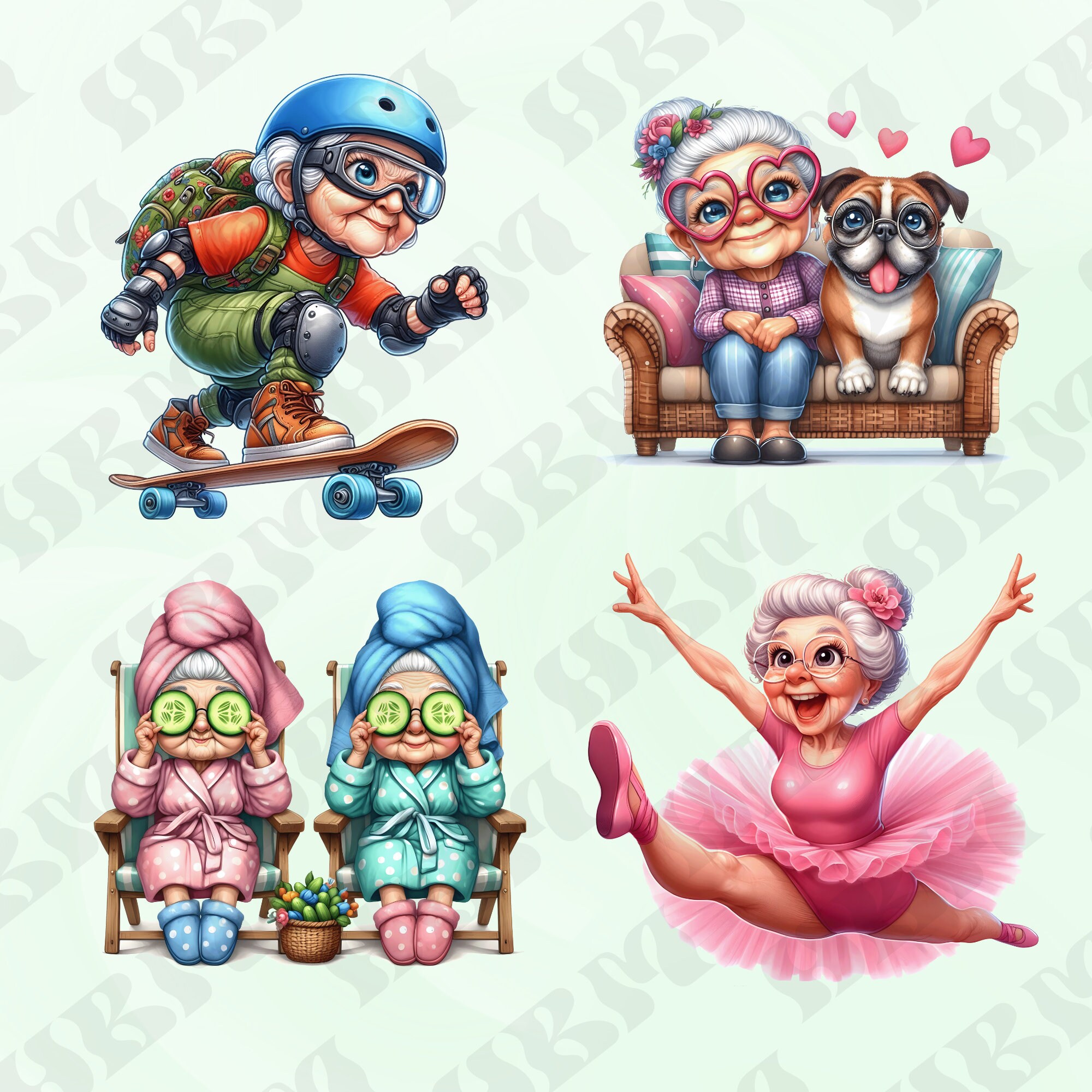 Funny Watercolor Old Ladies Clipart Bundle, Comical Grandma Sticker ...