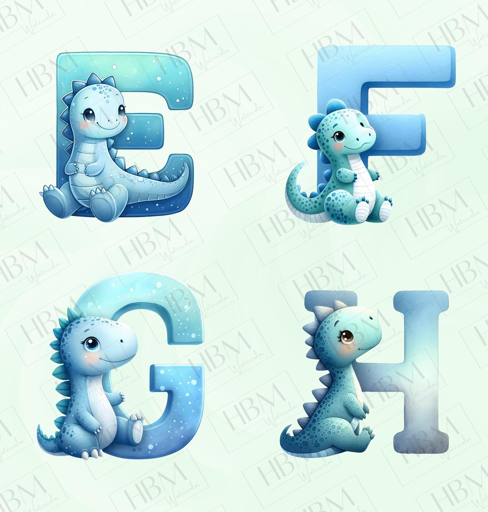 Watercolor Dinosaur Letters Clipart Bundle, Whimsical Blue Graphics ...