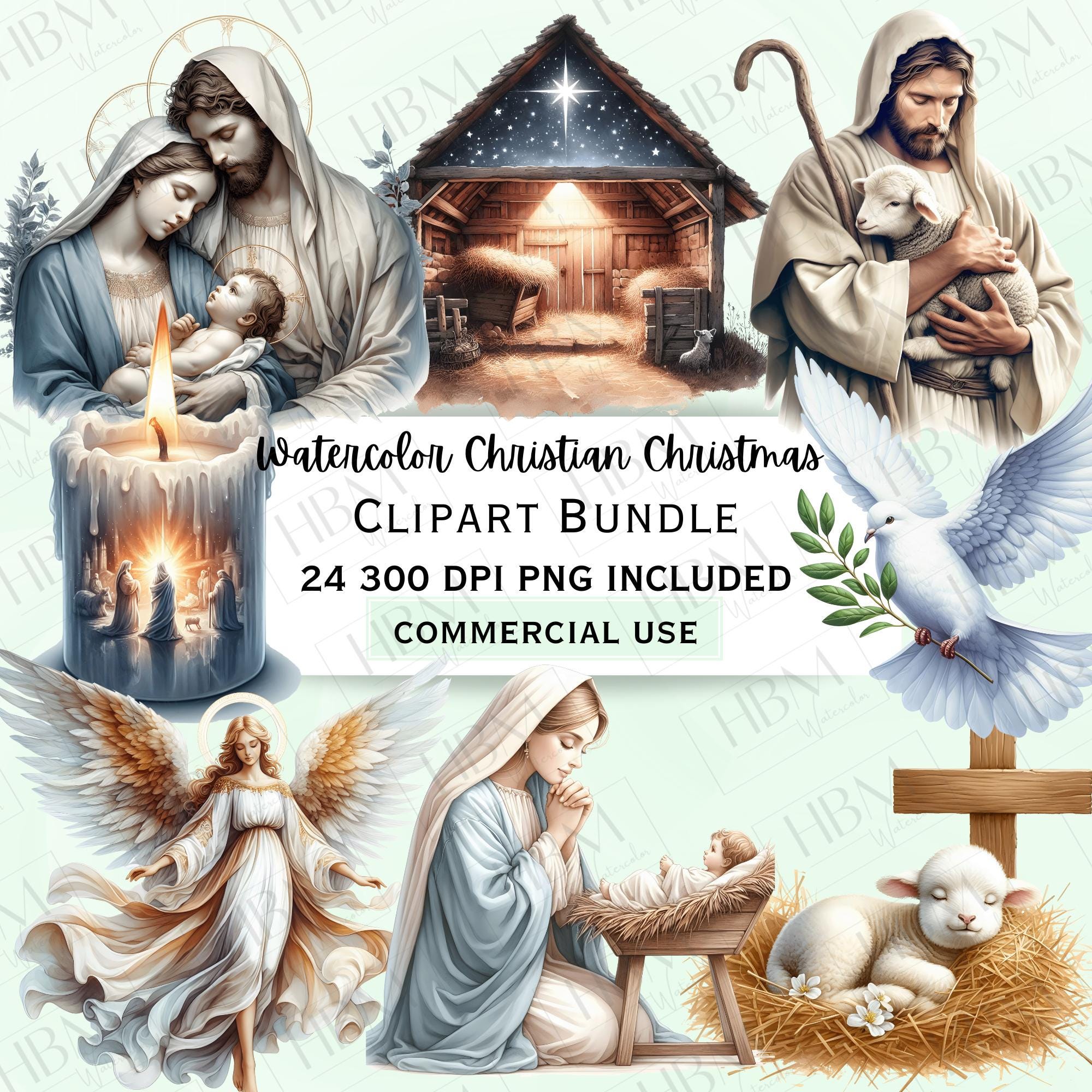Watercolor Christian Christmas Clipart Bundle, Religious Xmas Graphics ...