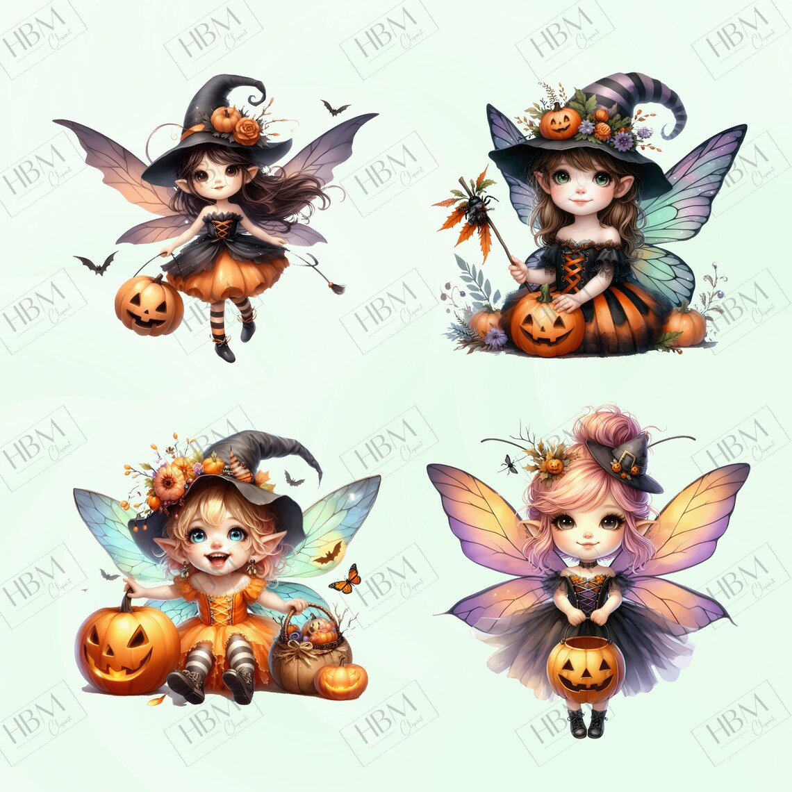 Cute Watercolor Halloween Fairy Clipart Bundle, Mystical Sticker ...