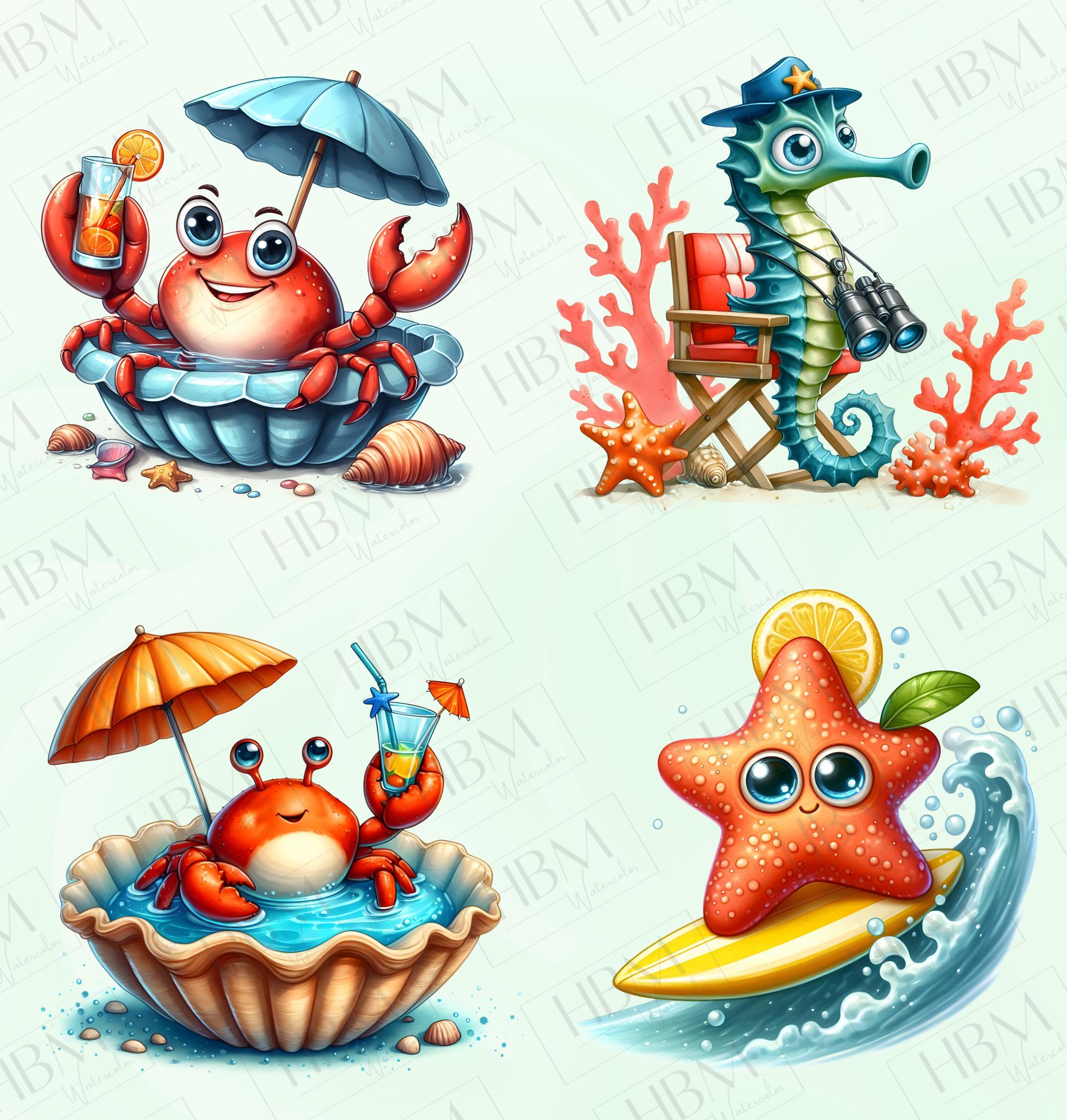 Funny Summer Sea Animals Clipart Bundle, Cute Beach Ocean PNG, Tropical ...