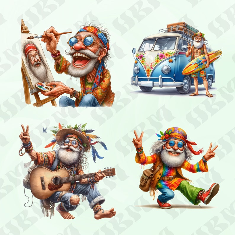 Funny Watercolor Hippie Old Men Clipart Bundle, Comical Grandpa Sticker ...