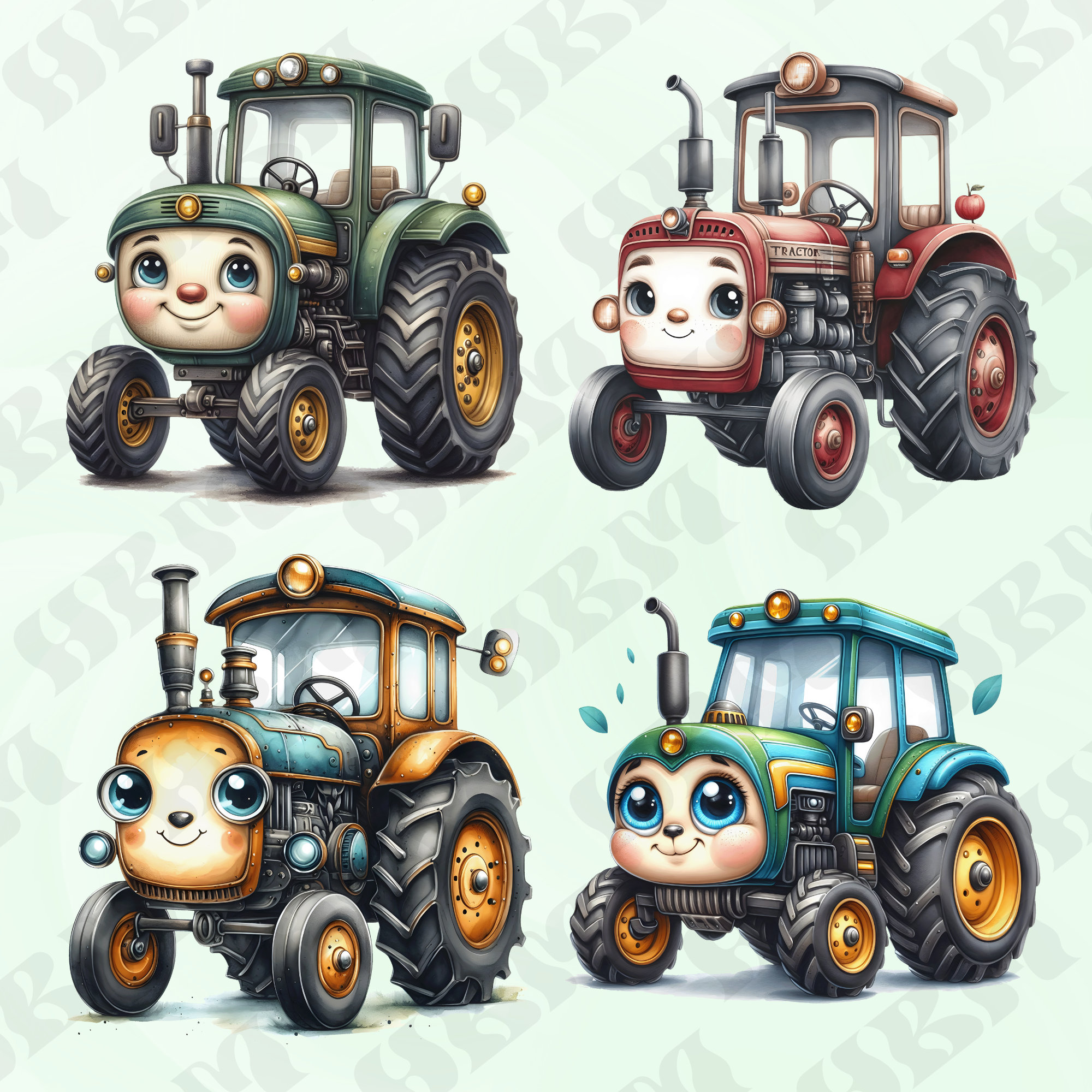 Cute Watercolor Tractors Clipart Bundle, Farm Sticker, Adorable Country ...