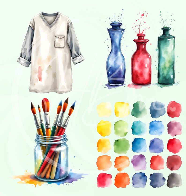 Watercolor Art Supplies Clipart Bundle, Paint Brushes Palette Art ...