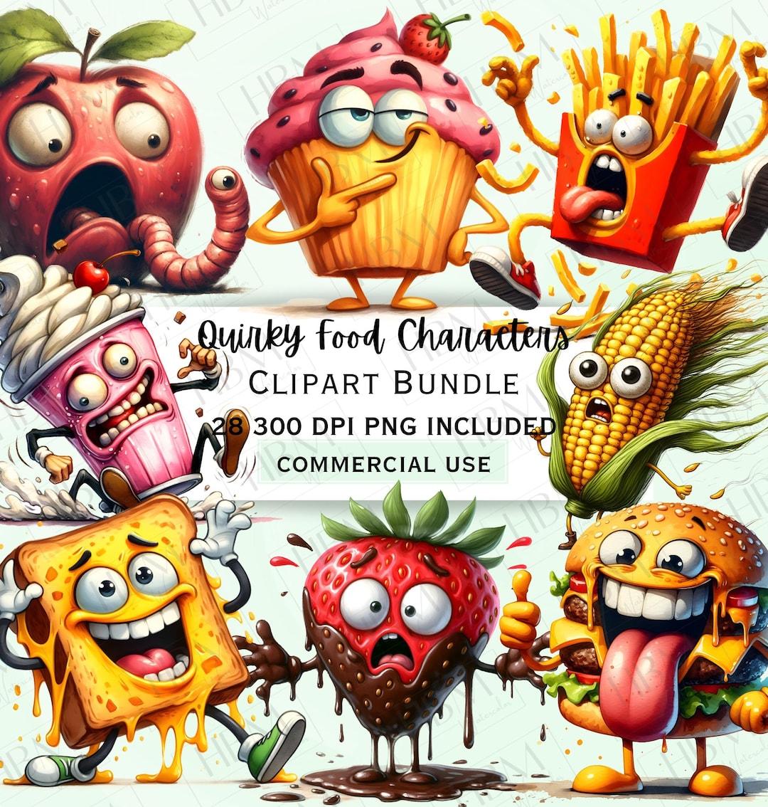 Funny Watercolor Food Characters Clipart Bundle, Quirky Kawaii Graphics ...