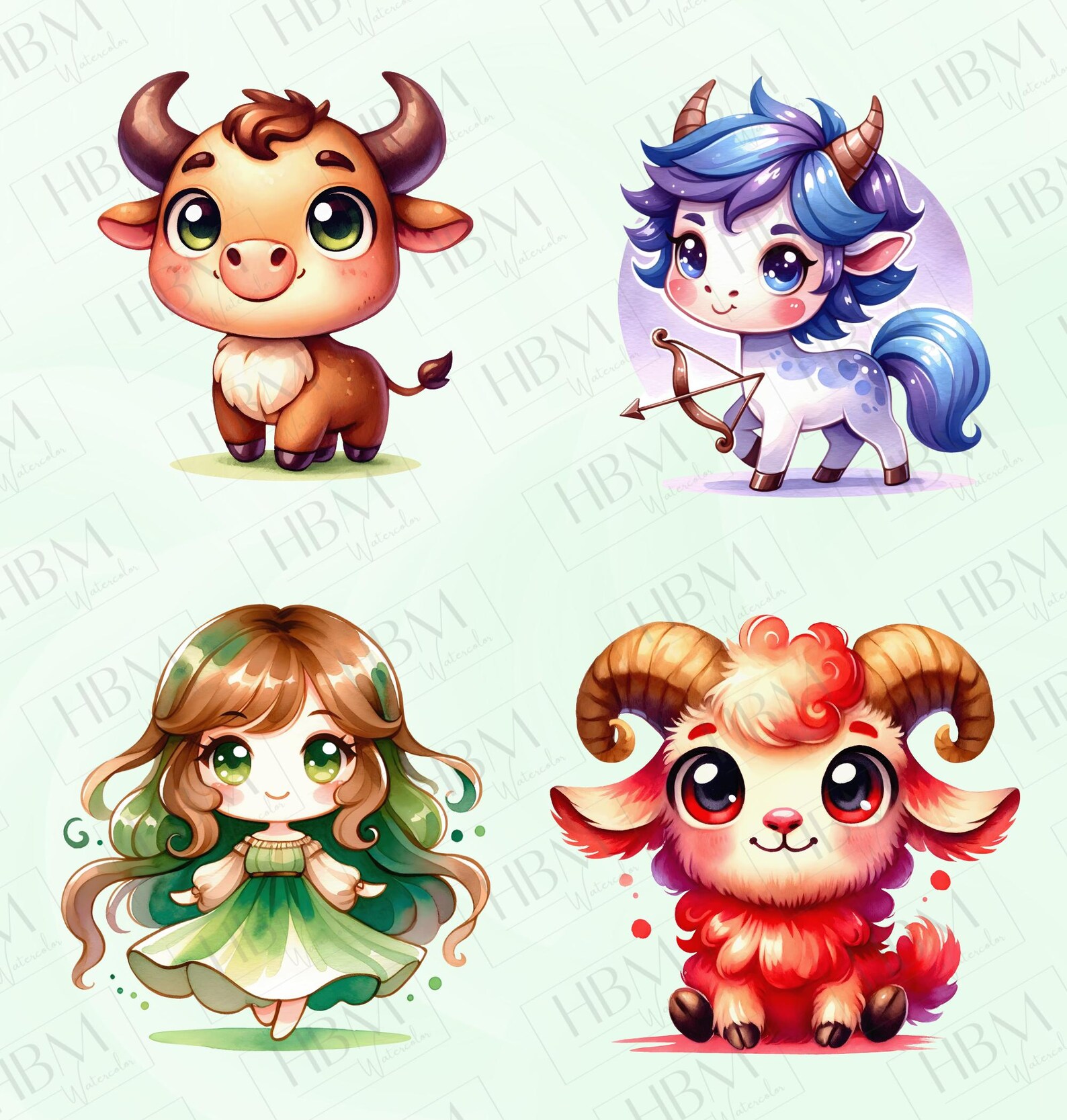 Cute Watercolor Zodiac Signs Clipart Bundle, Horoscope Graphics ...