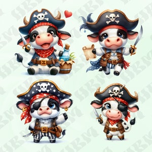 Funny Cute Watercolor Pirate Cow Clipart Bundle, Whimsical Animal ...