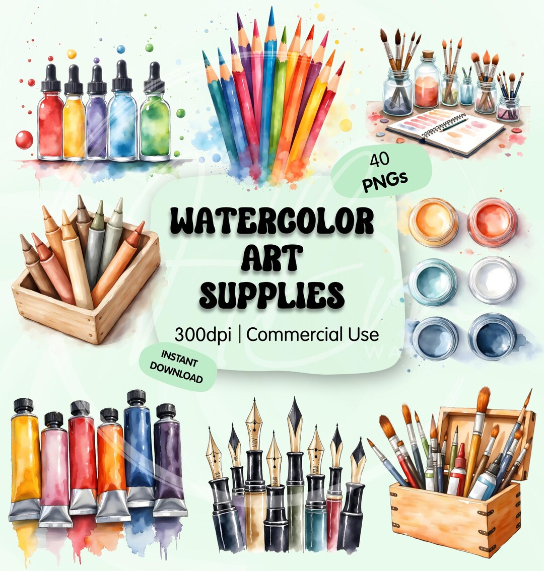 Watercolor Art Supplies Clipart Bundle, Paint Brushes Palette Art ...