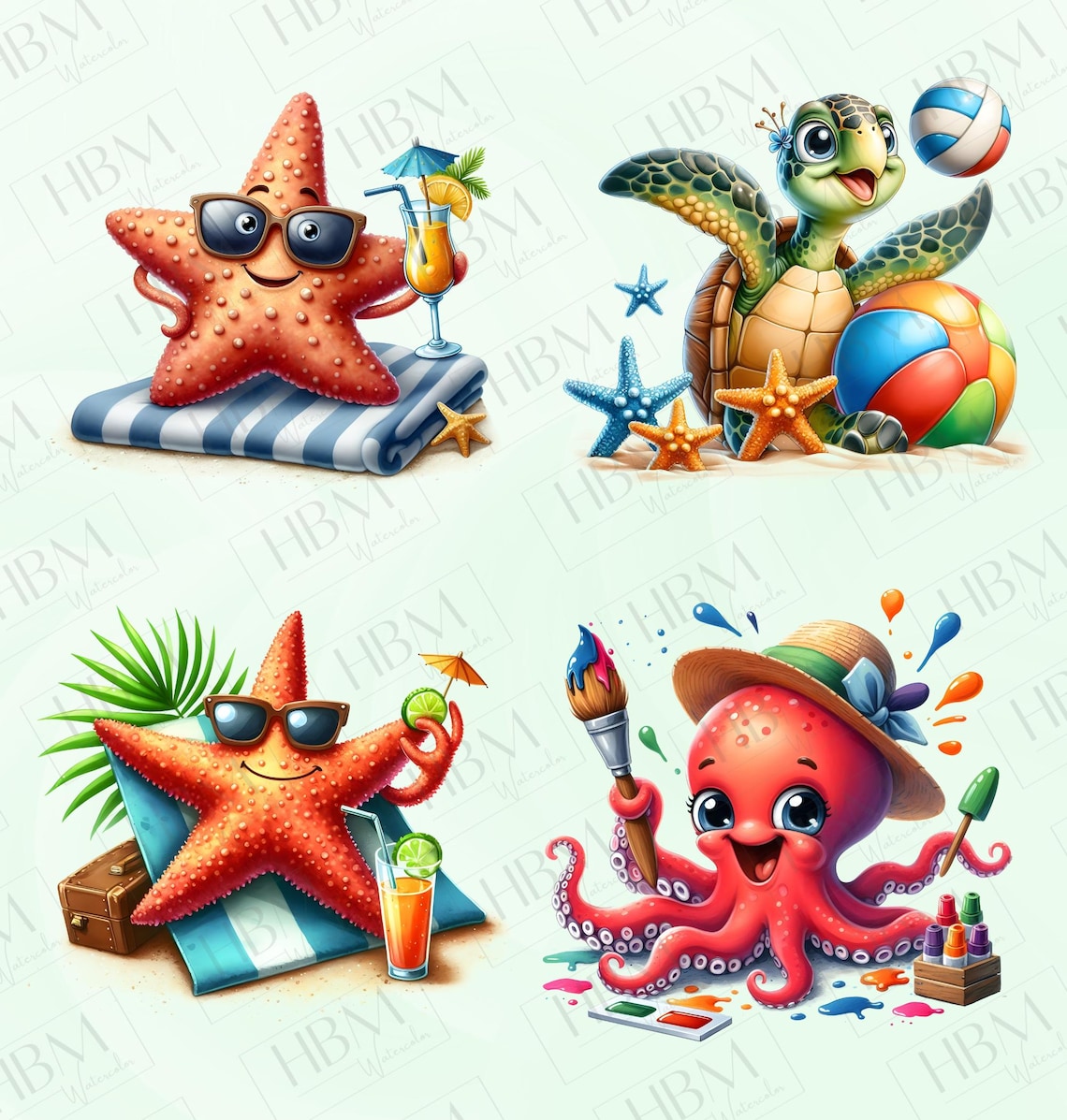 Funny Summer Sea Animals Clipart Bundle, Cute Beach Ocean PNG, Tropical ...