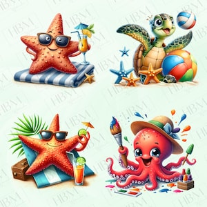 Funny Summer Sea Animals Clipart Bundle, Cute Beach Ocean PNG, Tropical ...