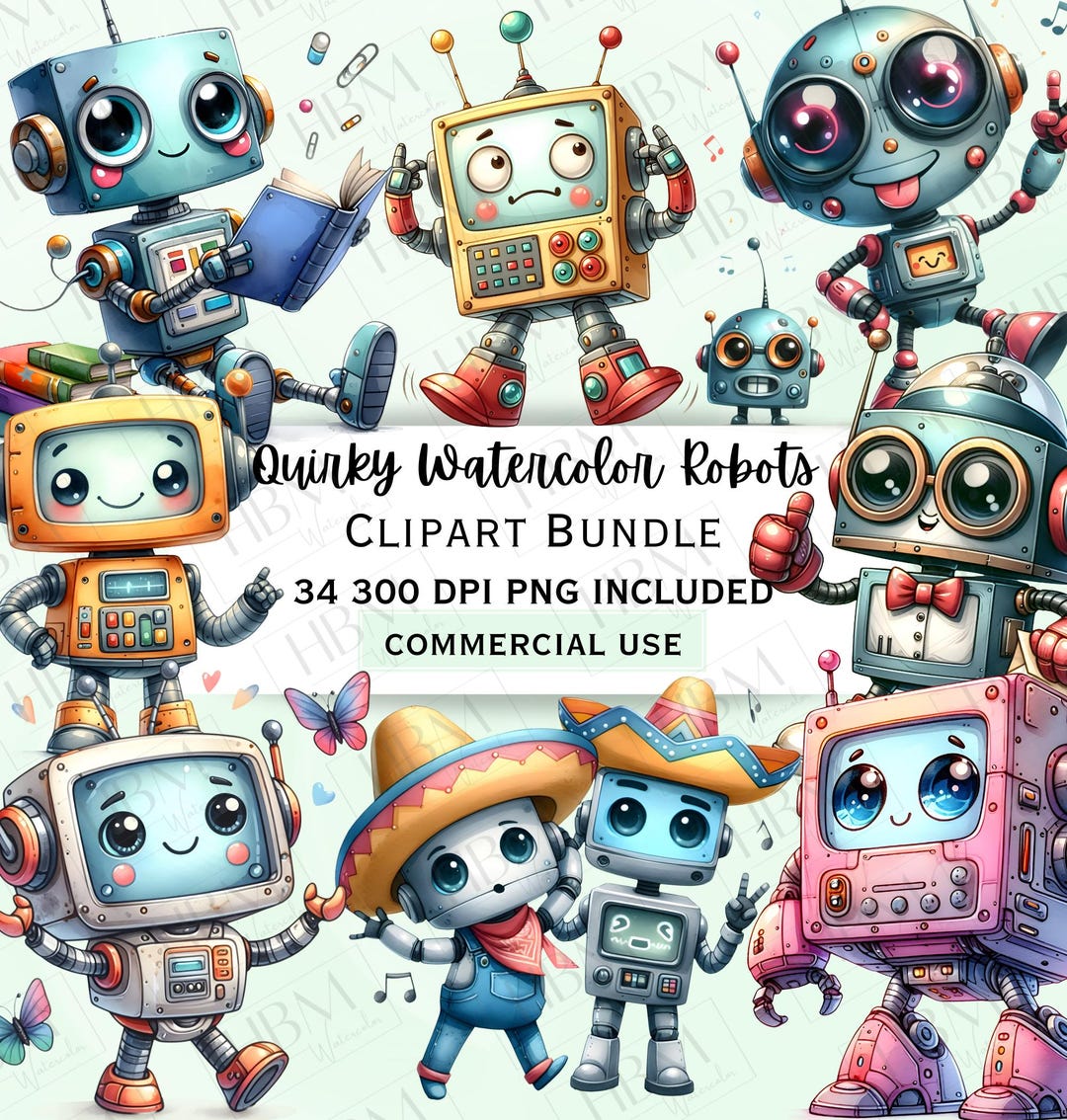 Cute Robot Clipart Bundle, Quirky Watercolor Droid PNG, Fun Digital Sci ...