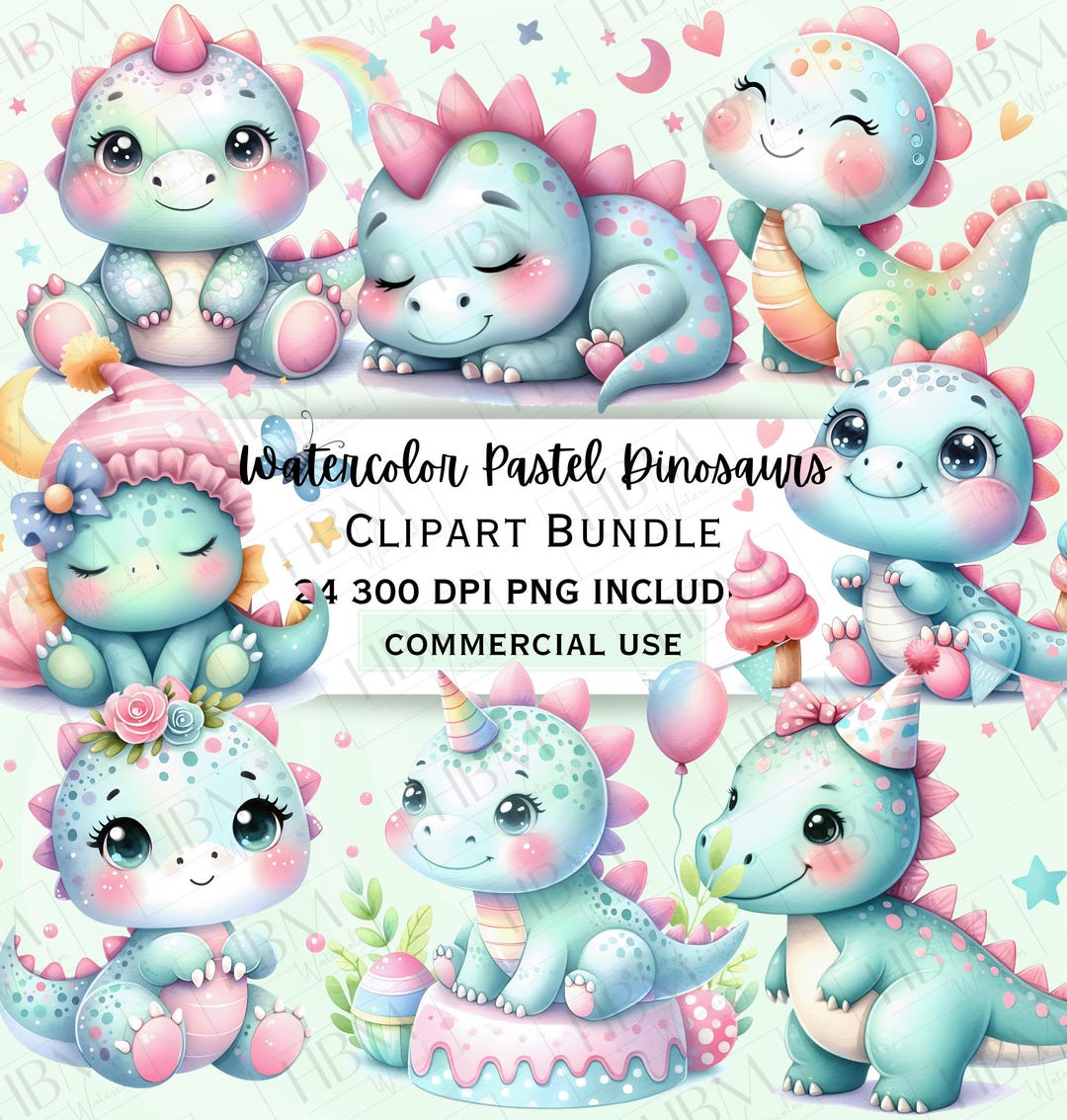 Cute Watercolor Dinosaurs Clipart Bundle, Jurassic Nursery Decor ...