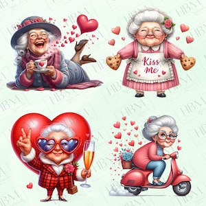 Funny Watercolor Valentine Old Lady Clipart Bundle, Whimsical Grandma ...