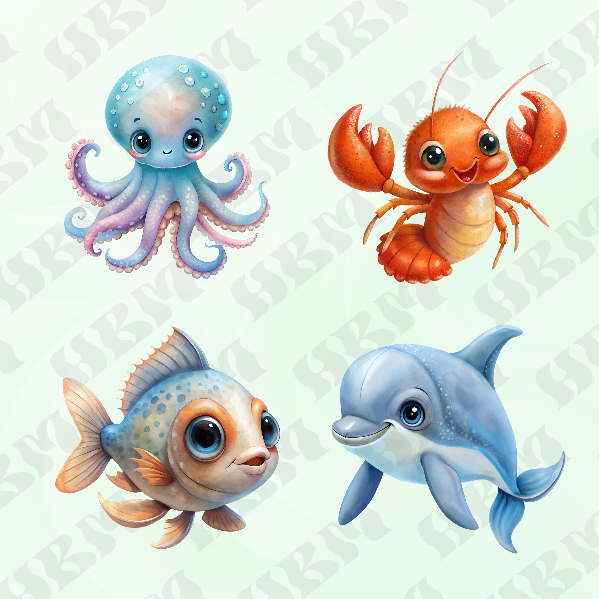 Cute Watercolor Sea Animals Clipart Bundle, Fish Nursery Decor ...