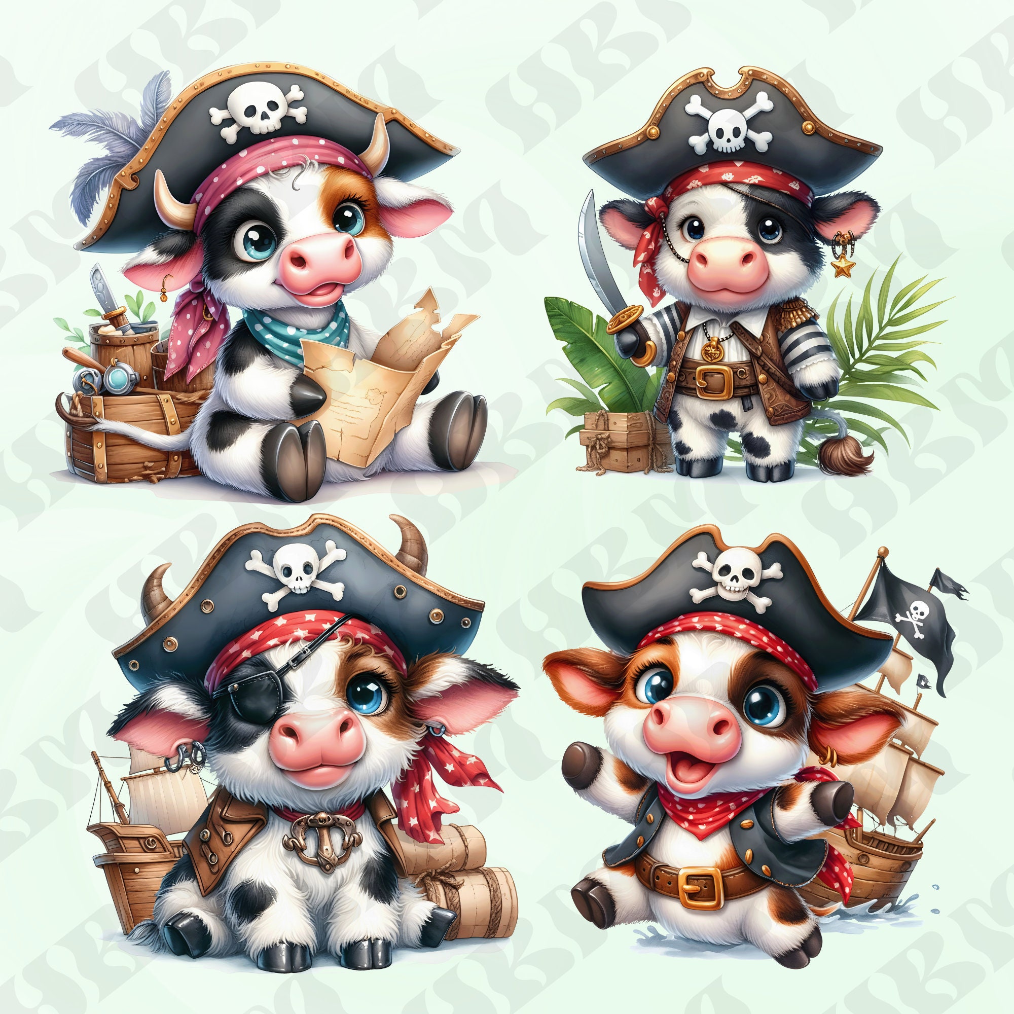 Funny Cute Watercolor Pirate Cow Clipart Bundle, Whimsical Animal ...