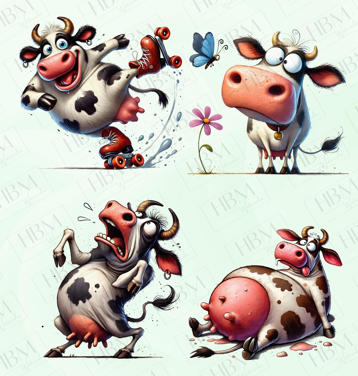 Funny Quirky Cows Clipart Bundle, Humorous Whimsical Bovine Sticker ...