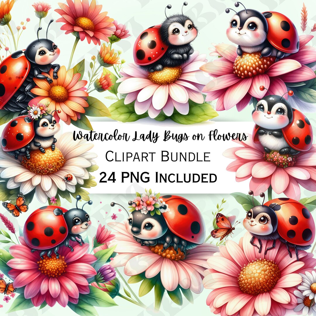 Cute Watercolor Lady Bugs Clipart Bundle, Beetle Nursery Decor, Flowers ...