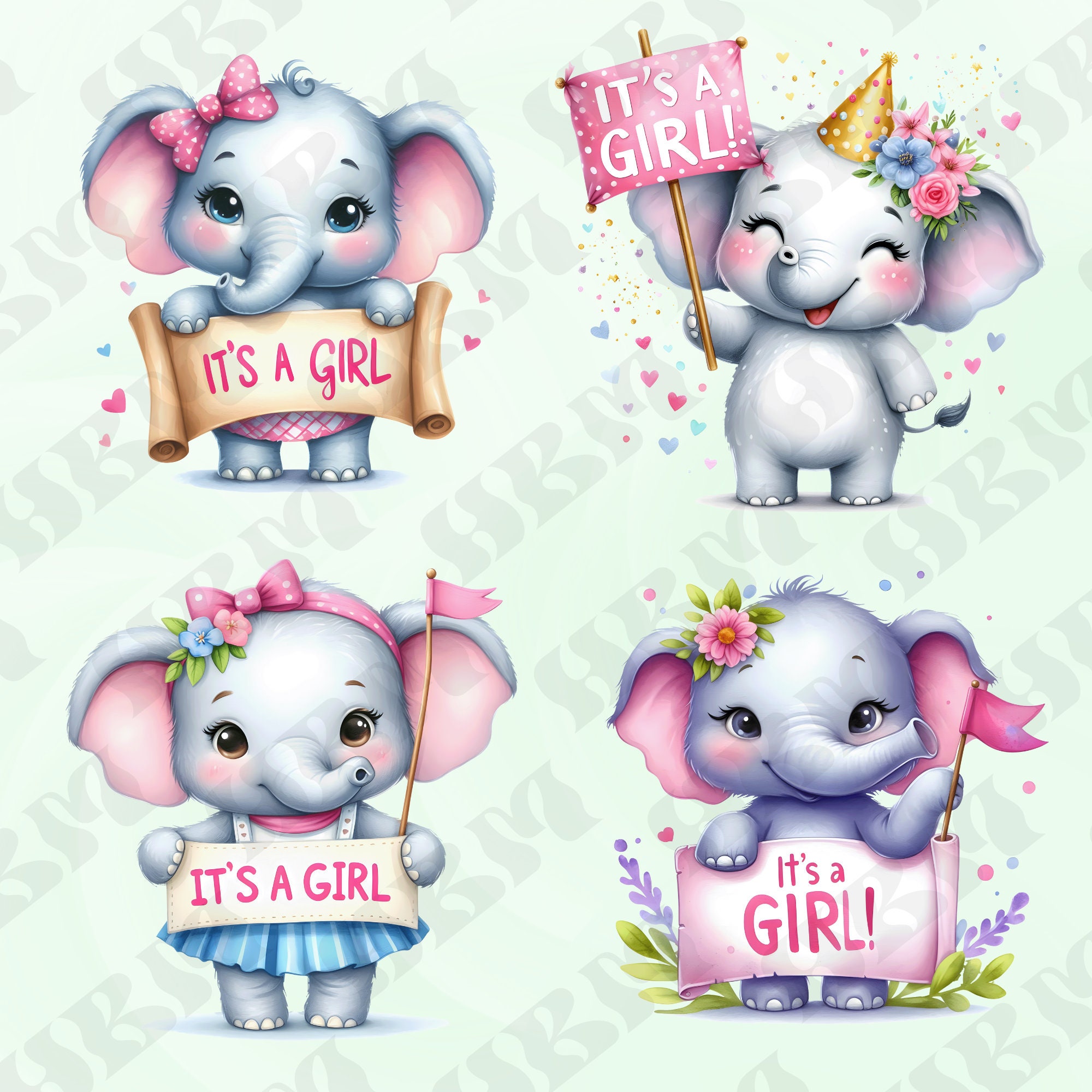 Watercolor Girl Elephant Clipart Bundle, Cute Nursery Decor, Pink Baby ...