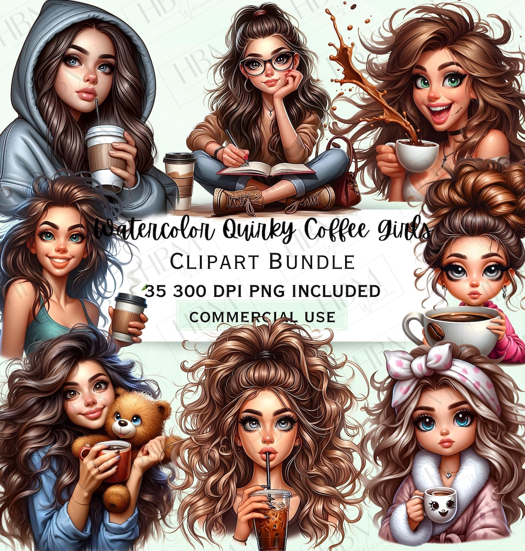 Quirky Coffee Girl Clipart Bundle, Watercolor Messy Bun PNG, Funny ...