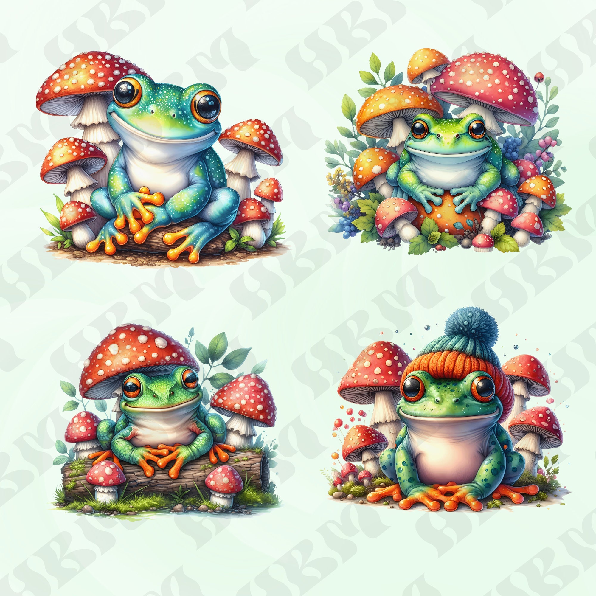 Watercolor Frogs With Mushrooms Clipart Bundle, Amphibian Nursery Decor ...