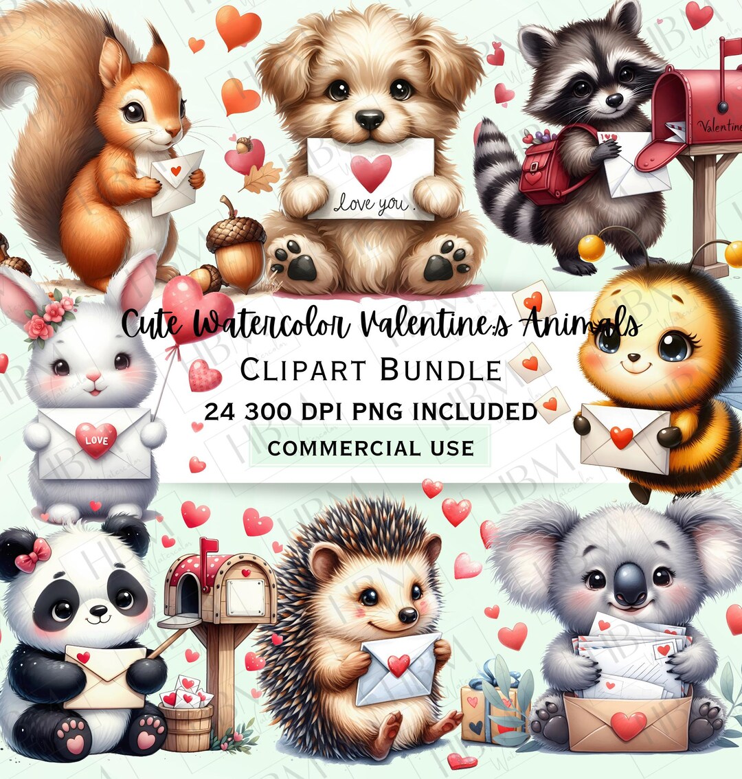 Cute Watercolor Valentine's Animals Clipart Bundle, Adorable ...